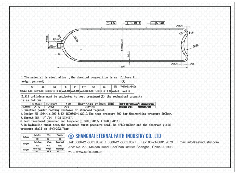 EN & ISO9809-1 standard gas cylinder size chart φ232 40L 200Bar ...