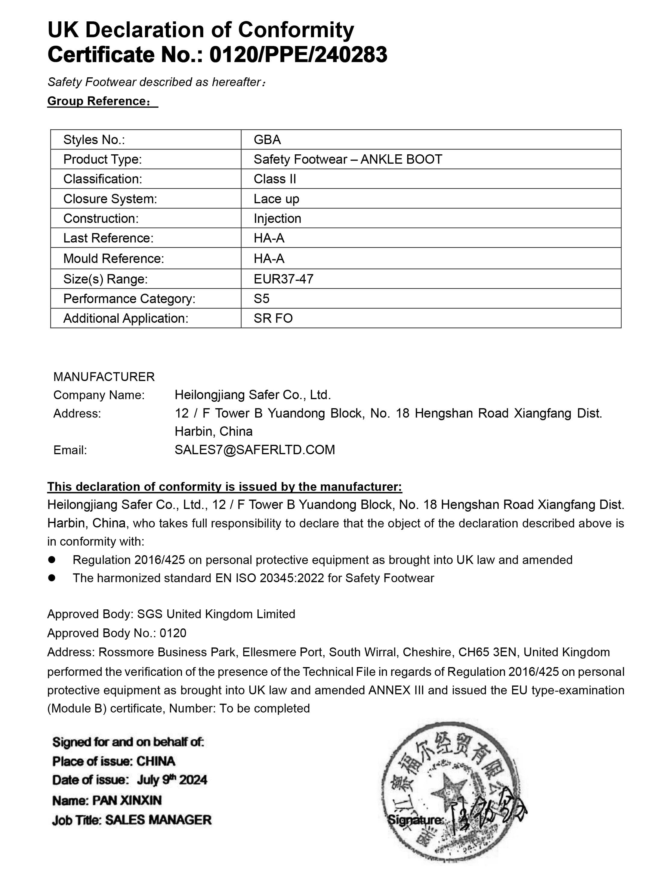 GBA Safety Footwear UKCA Declaration of Conformity - Heilongjiang Safer ...